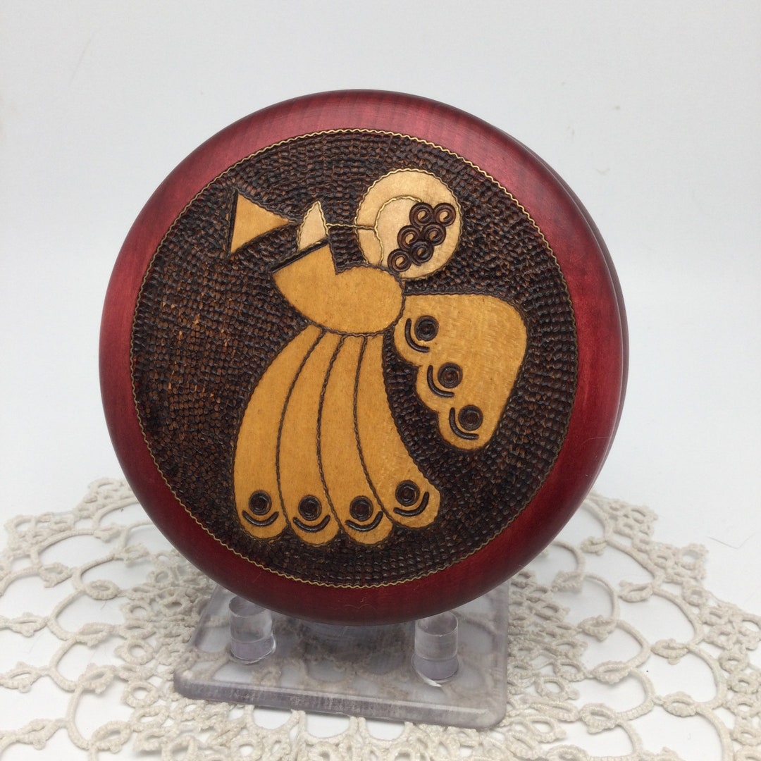Wood Trinket Box Hand Made and Turned and Carved Angel Playing Trumpet ...