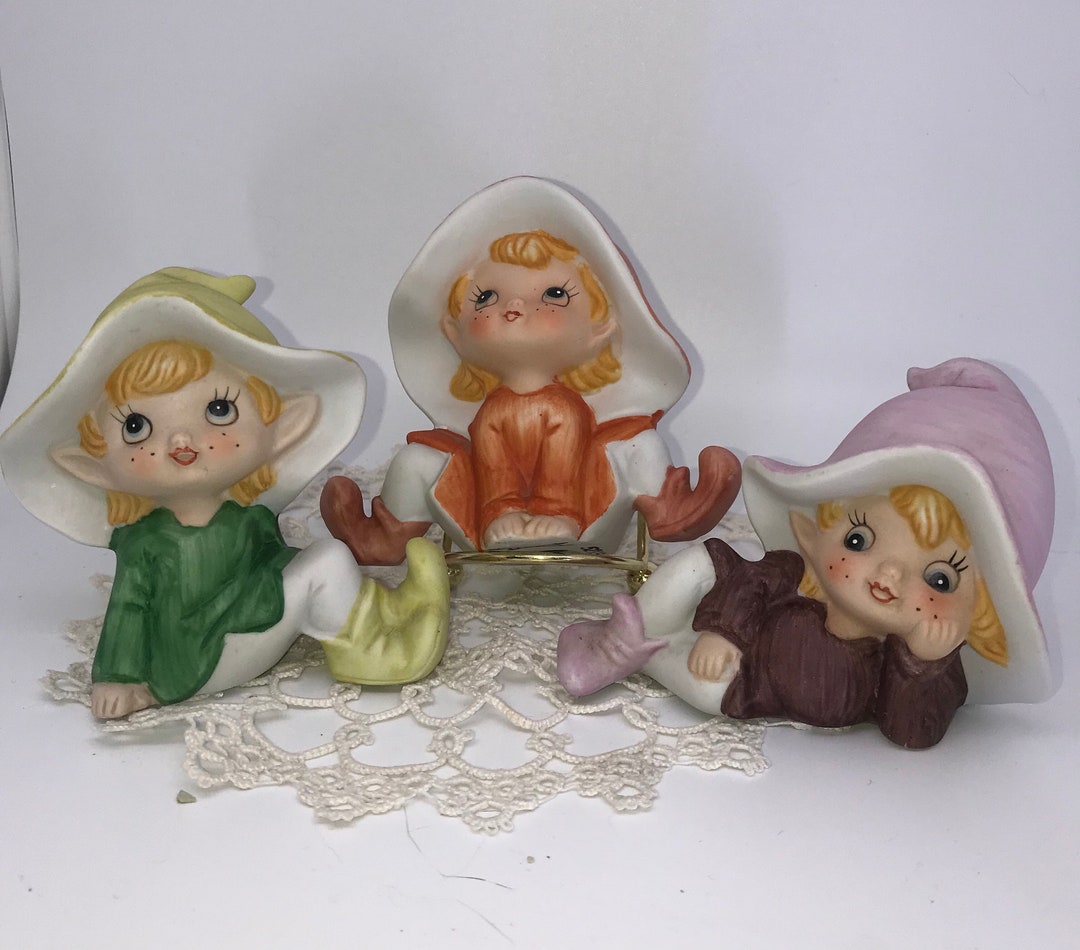 Vintage HOMCO Elves Pixies Porcelain Bisque Hand Painted Set of 3 ...