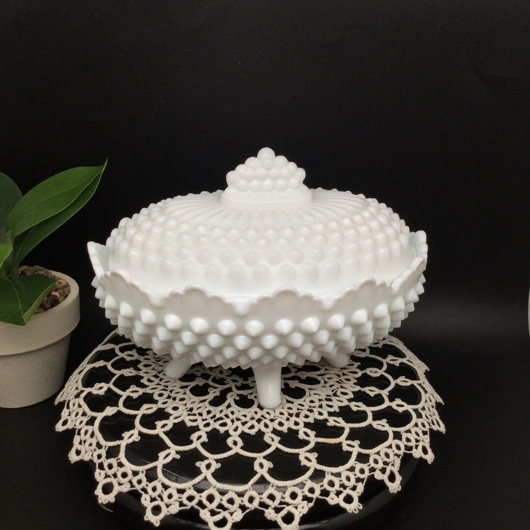 Vintage Fenton White Glass Hobnail Four Footed Covered Candy Dish ...