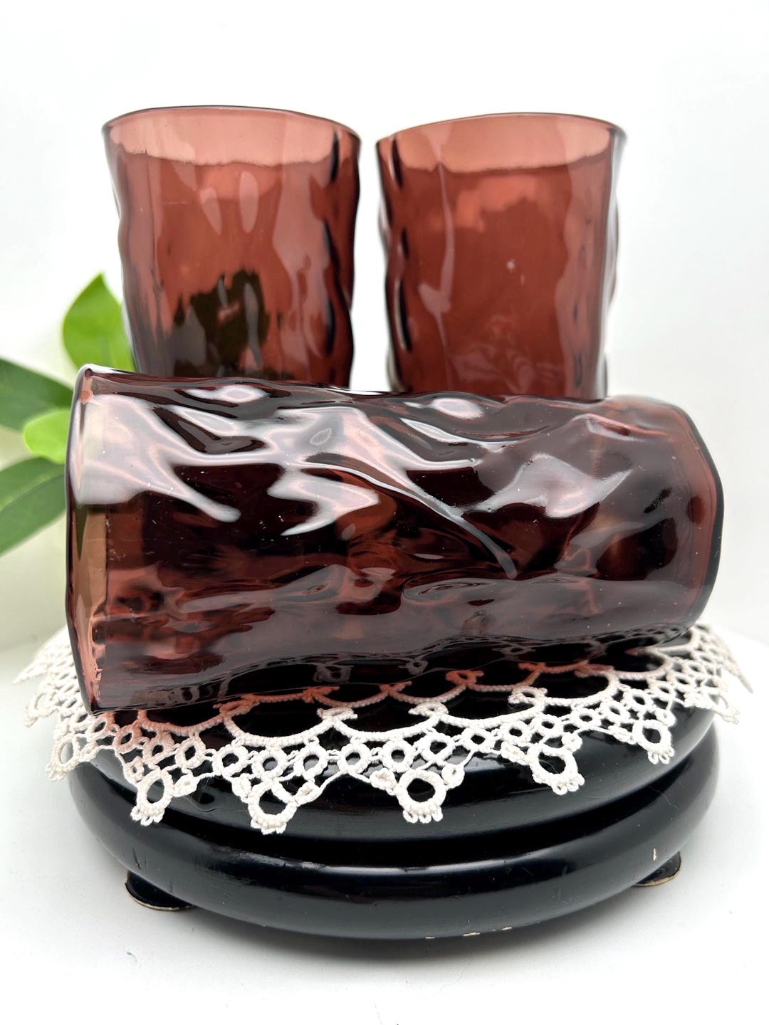 Set of 3 Vintage Seneca Amethyst Glass Driftwood Pressed Crinkle Glass ...