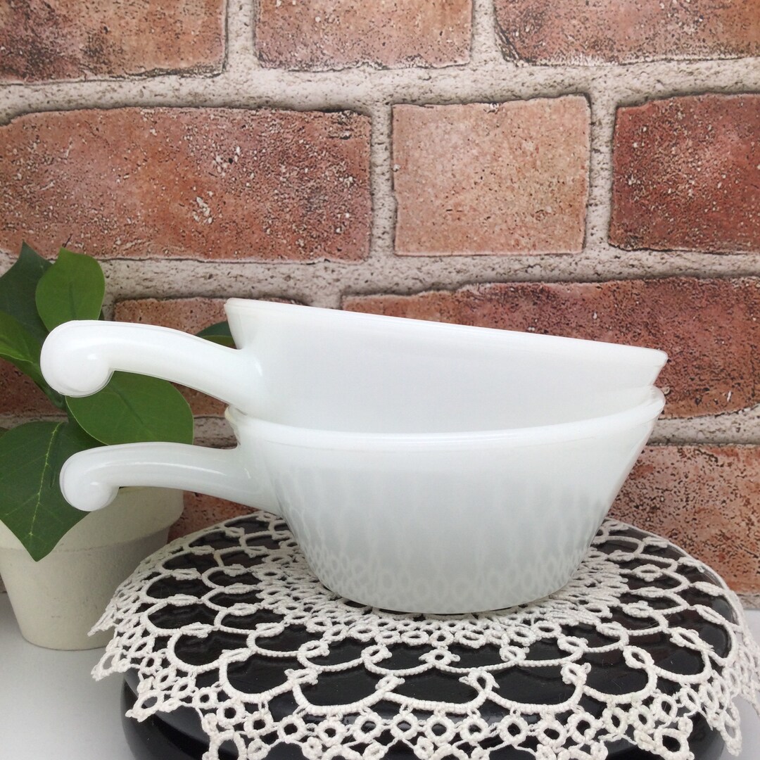 Set of 2 White Milk Glass Oven Ware Soup Bowl With Handle Fire King ...