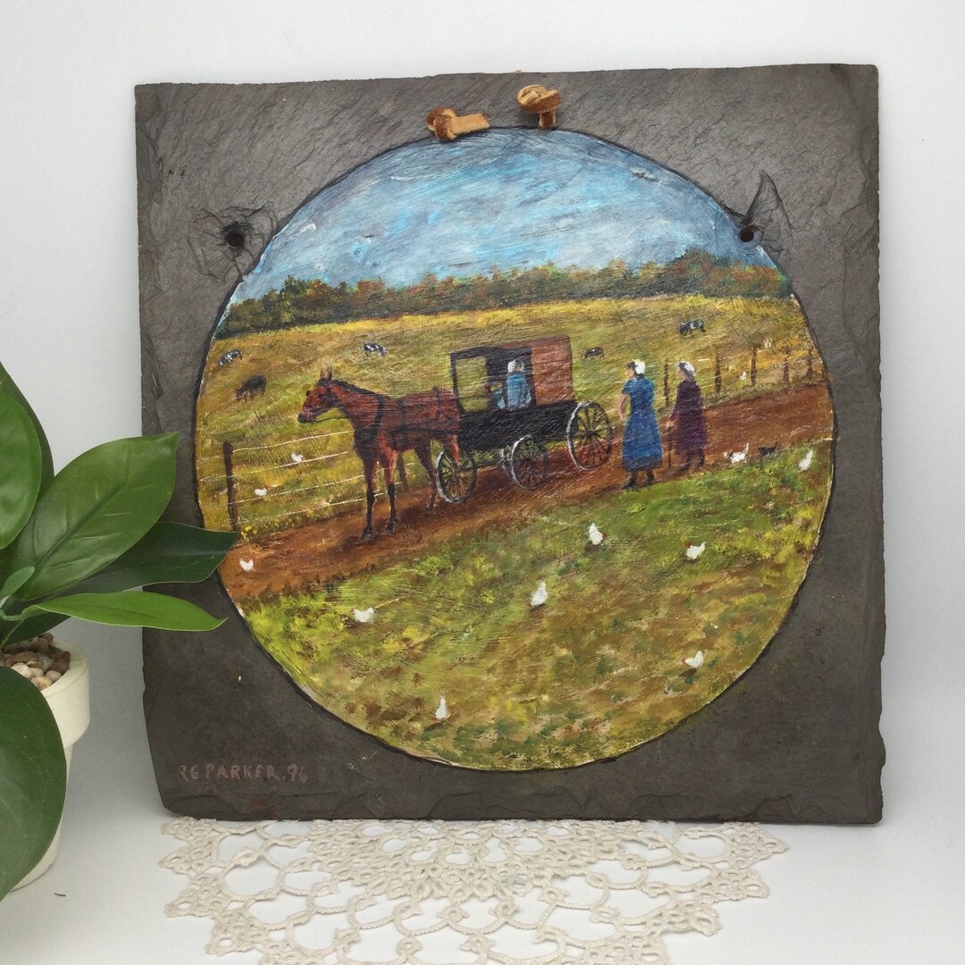 Vintage Rustic Primitive Hand Painted Roofing Slate Wall Hanging Artist ...