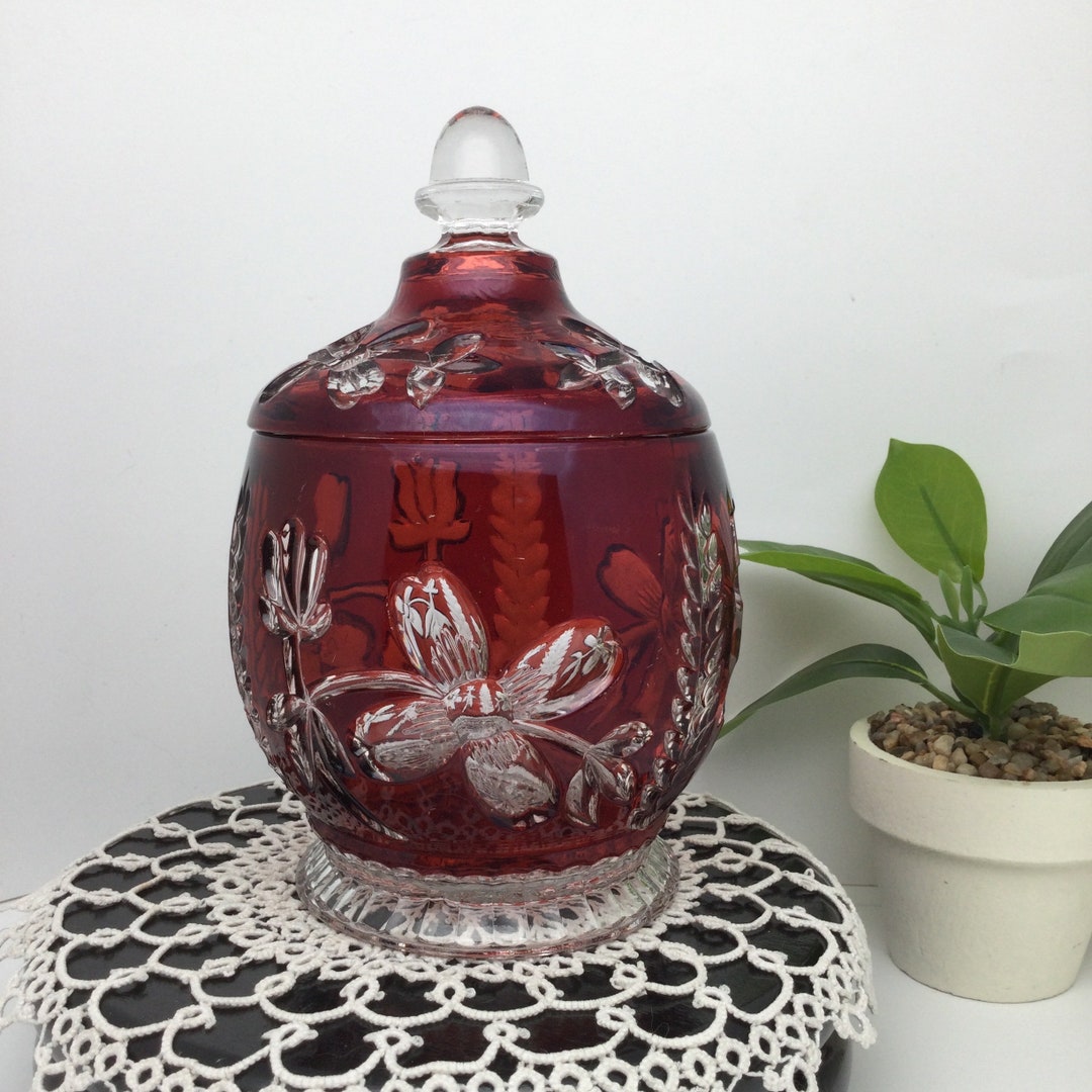 Vintage Tinted Flashed Ruby Red Glass Lidded Jar Spayed Foot Pressed ...