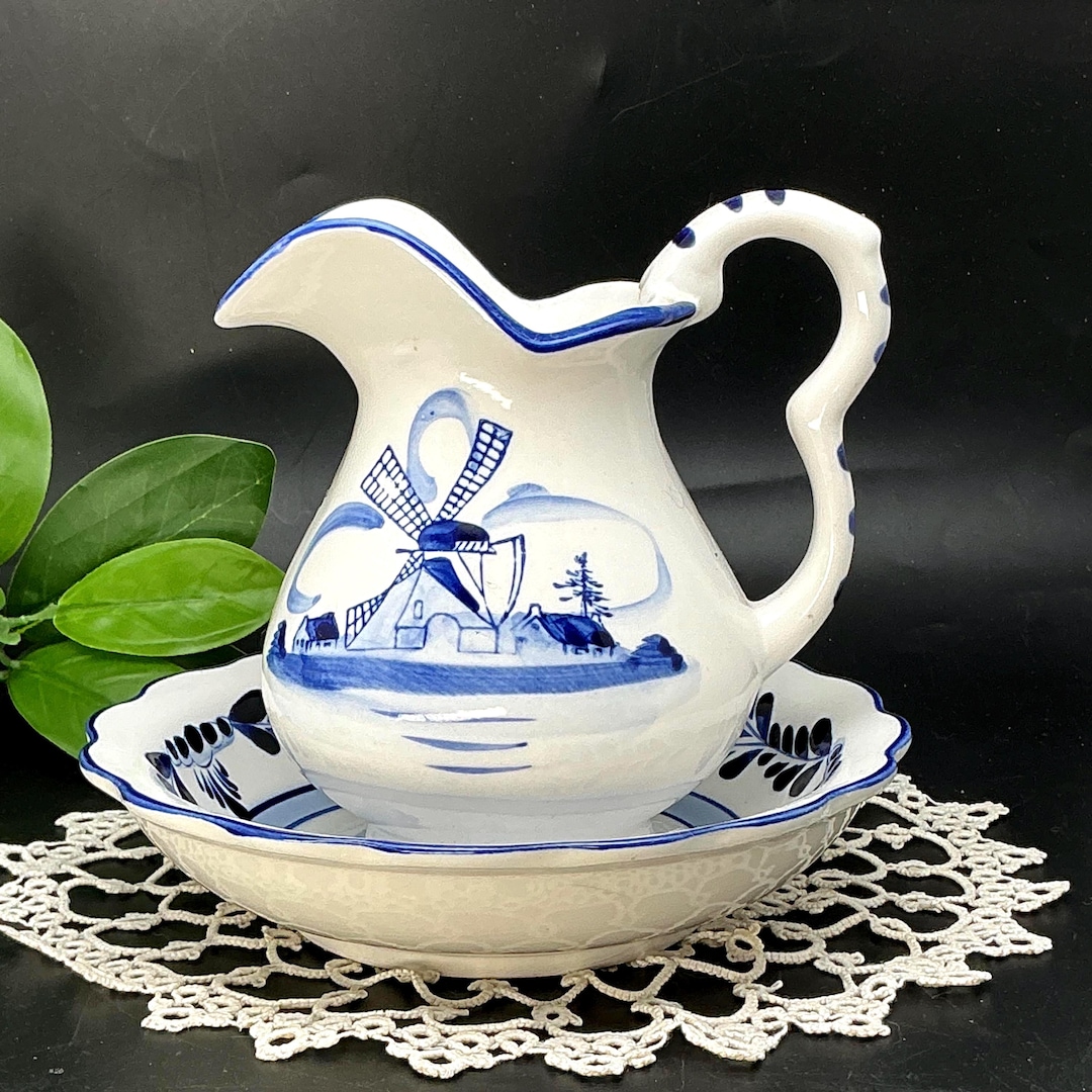 Vintage Delft Blue Hand-painted Pitcher and Bowl Set, Windmill Floral ...
