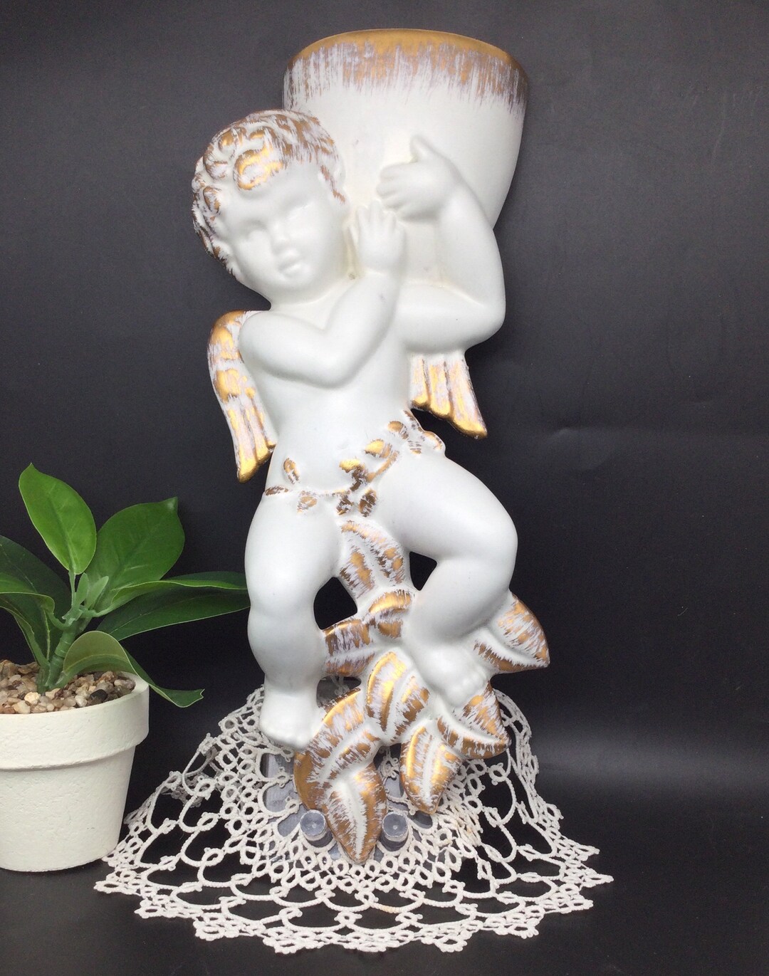 Rare Vintage MCM Gold Tweed 22K HAEGER Pottery Winged Cherub Angel ...