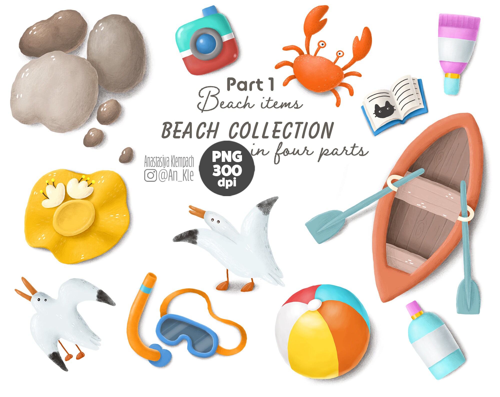 Beach Items Collection Summer Clipart Set | Etsy