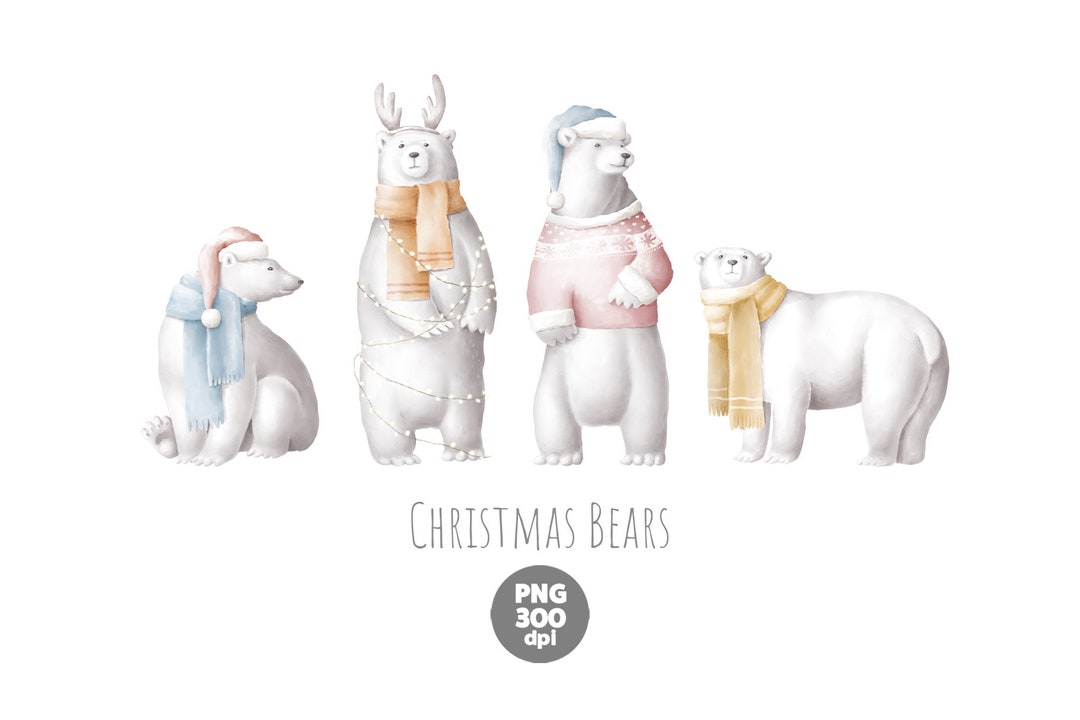 Christmas Bears Clipart, Polar Bear Png Digital Graphics, Winter White ...