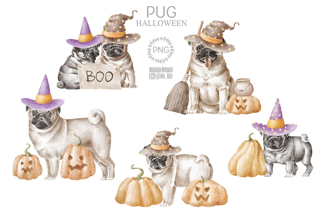 Pug Halloween Dogs Clipart Png Digital Download, Fall Holiday Pugs ...