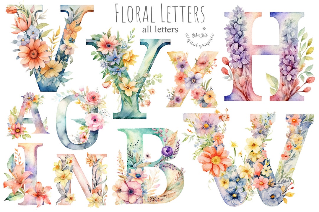 Floral letters clipart png digital download, wedding initial letters ...