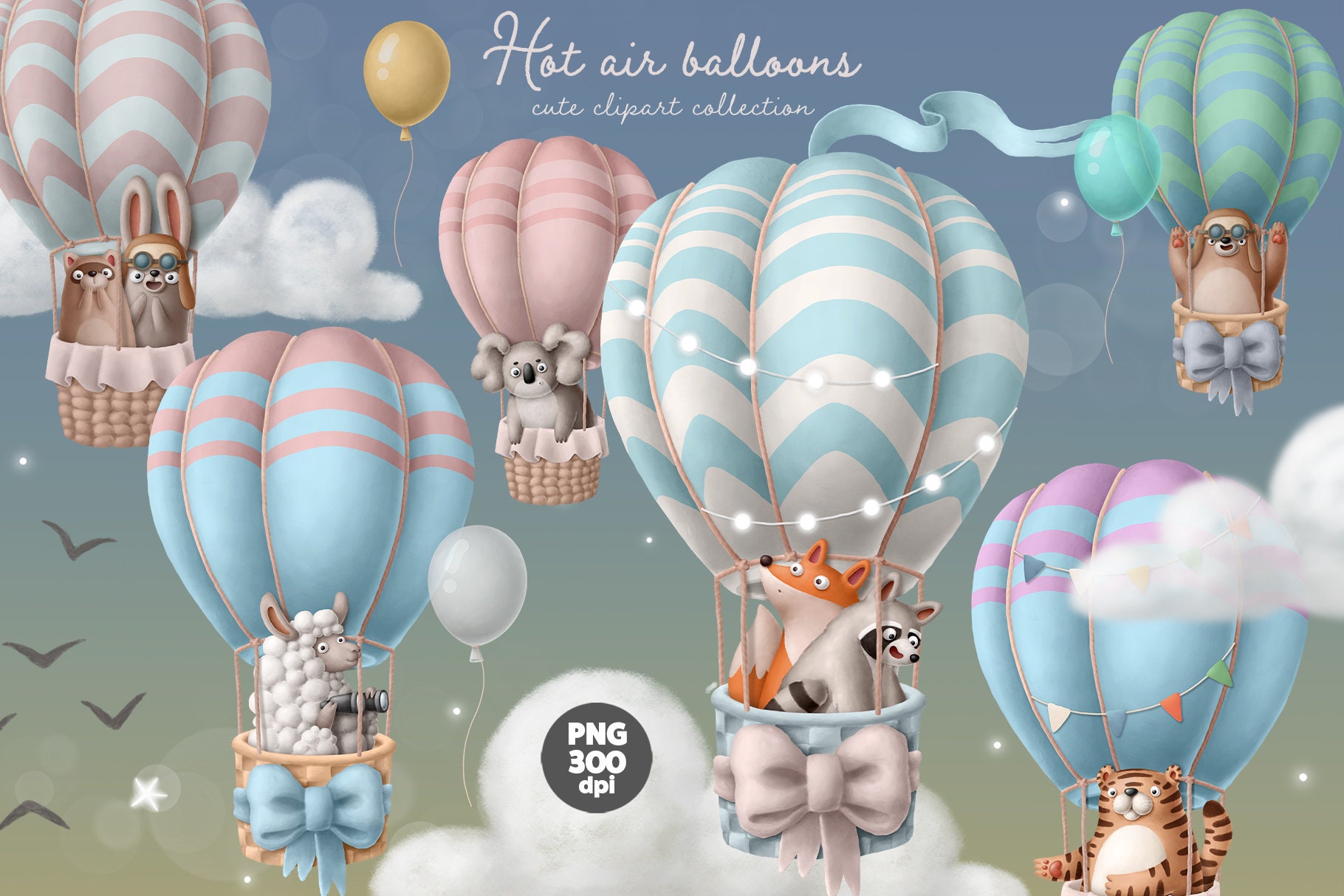 Hot Air Balloons With Animals Clipart PNG Digital Download - Etsy