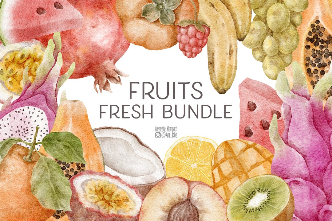 Tropical Fruit Clipart Bundle, Watercolor Exotic Fruits, Seamless ...