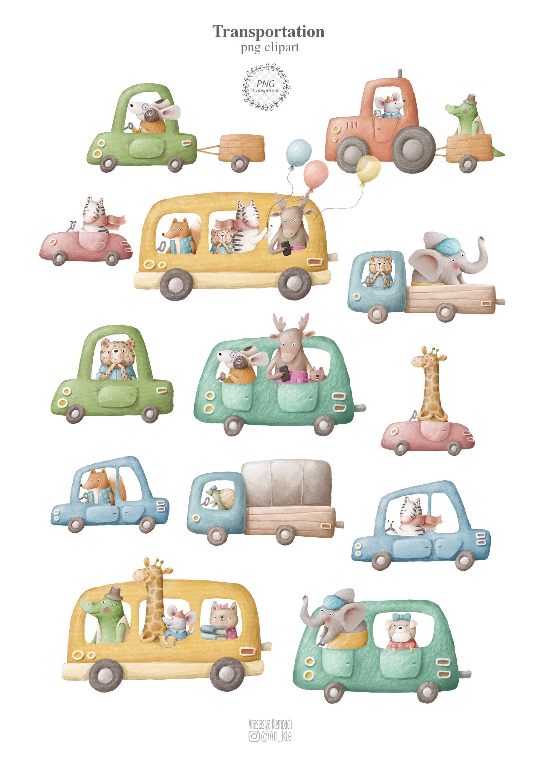 Transportation Clipart for Kids Cute Animals Characters on | Etsy Canada