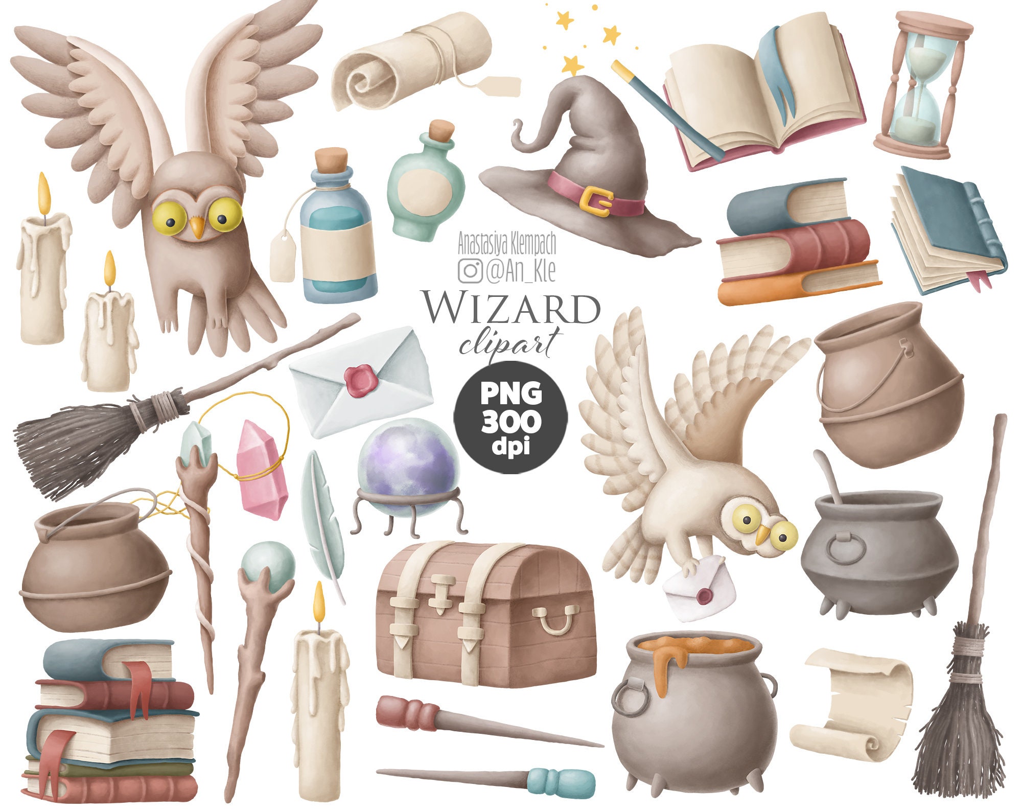 Witch and Wizard Clipart Collection Owl Clipart Magical | Etsy
