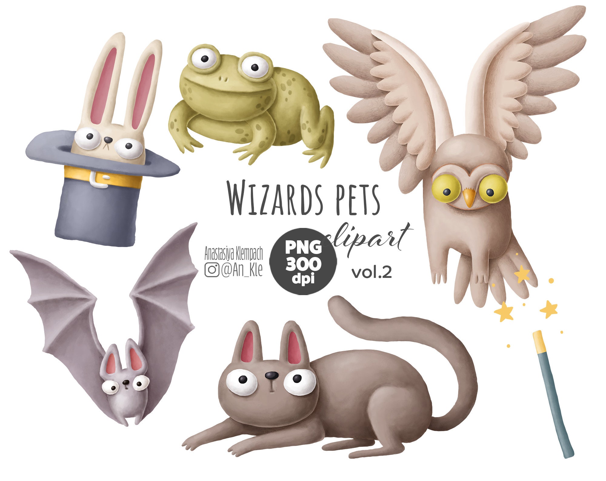 Wizards Animals Clipart Set Owl Cat Bat Clipart Digital - Etsy