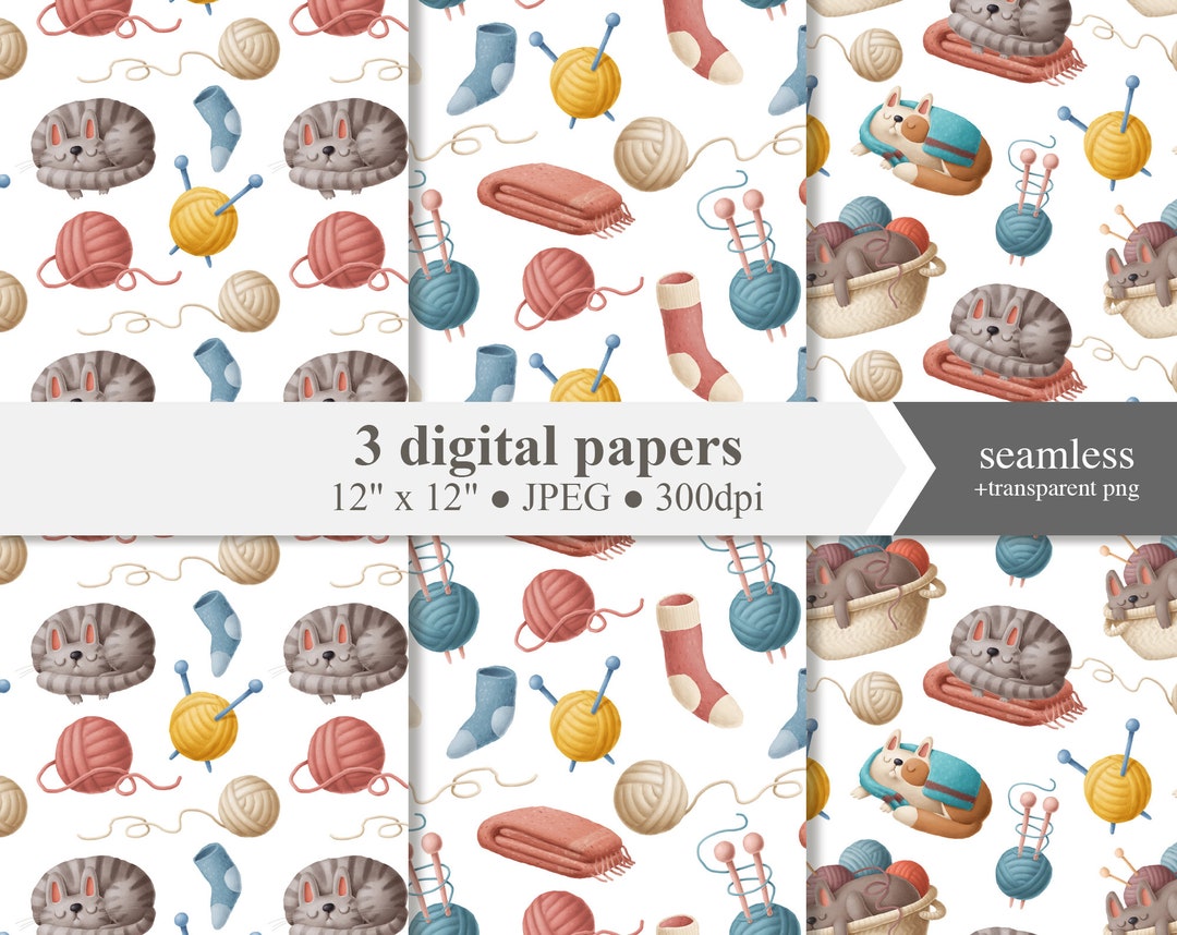 Knitting Digital Paper Pack, Crafting Seamless Backgrounds, Cute ...