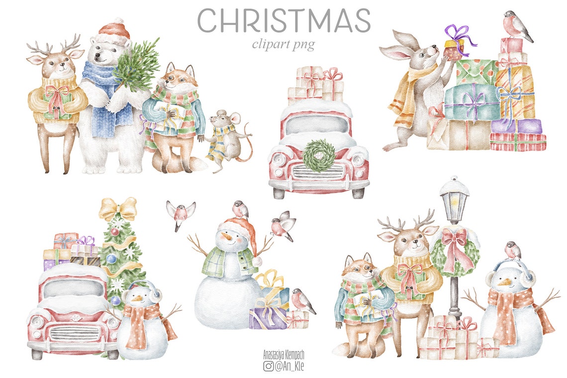 Christmas Animals Clipart Png Digital Download Winter - Etsy