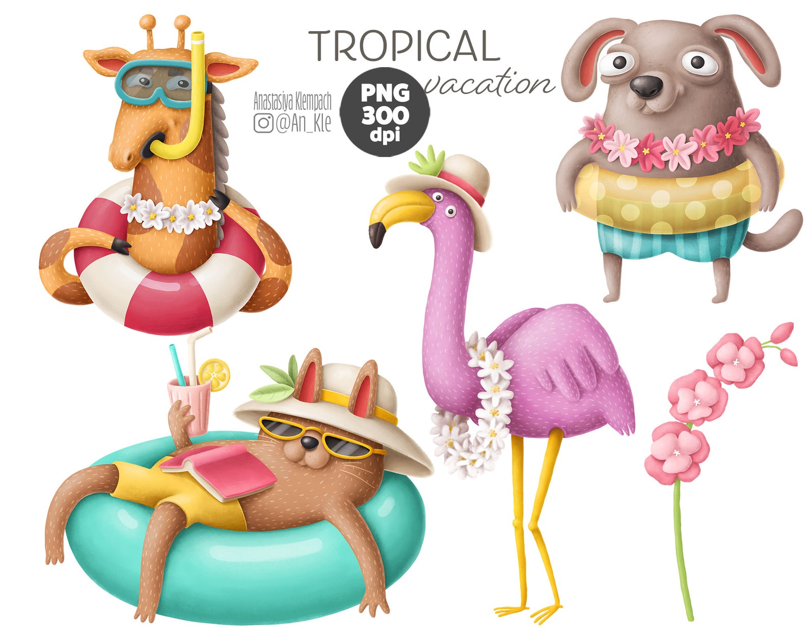 Funny Tropical Characters Clipart Pink Flamingo Giraffe Cat - Etsy