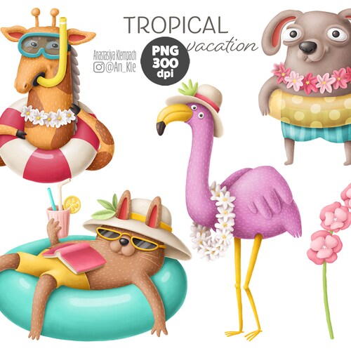 Funny Tropical Characters Clipart Pink Flamingo Giraffe Cat - Etsy