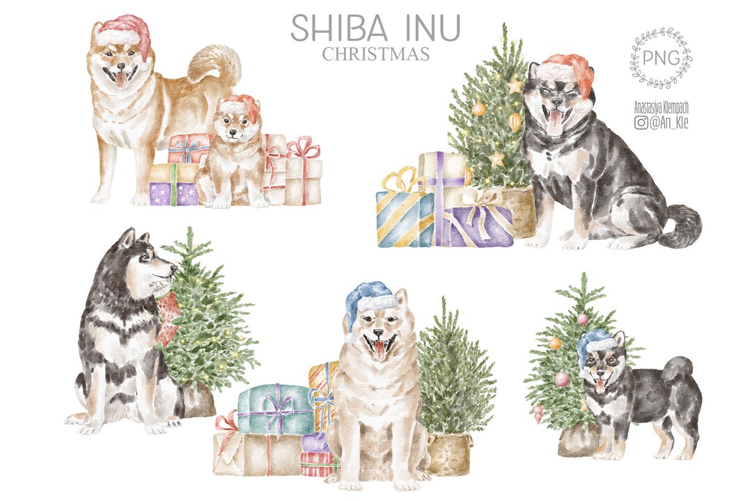 Shiba Inu Christmas Dogs Clipart Png Digital Download, Watercolor ...
