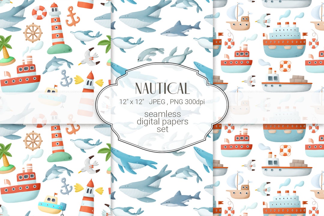 Nautical Seamless Patterns, Sea Digital Papers, Ocean Background ...