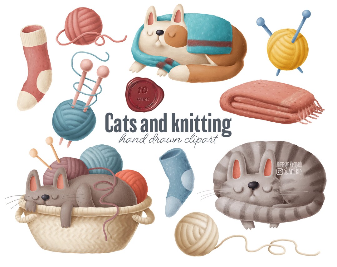 Cats and Knitting Clipart, Cute Sleeping Cat, Cozy Home, Handcraft ...