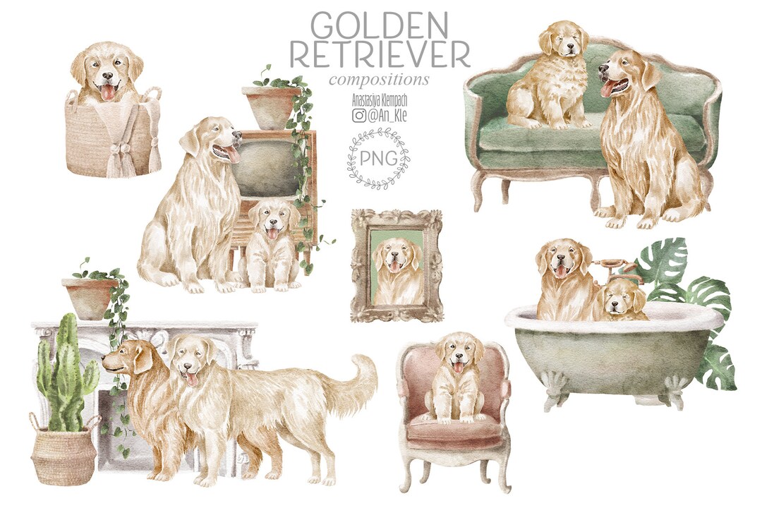 Golden Retriever Dogs Clipart Digital Download, Golden Dogs and Puppies ...