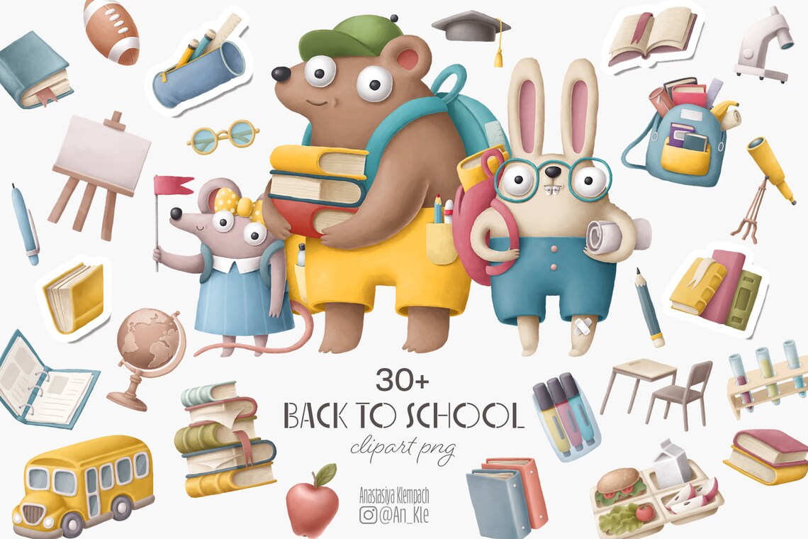 Back to School Clipart PNG Digital Download School Animals - Etsy