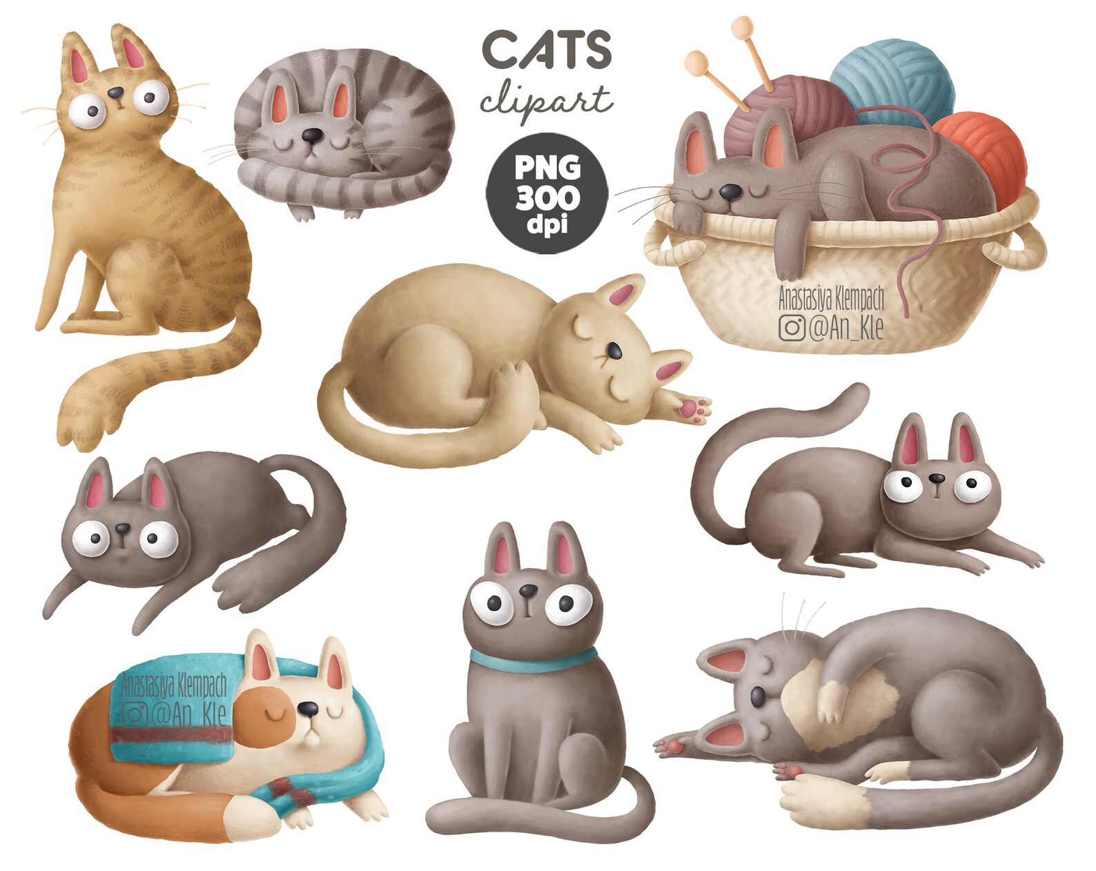 Cats Clipart Png Digital Downloadable Illustrations Cats - Etsy