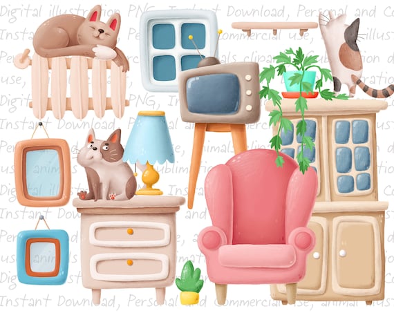 Interior Clipart Digital Download Cozy Home Scene With Cats - Etsy