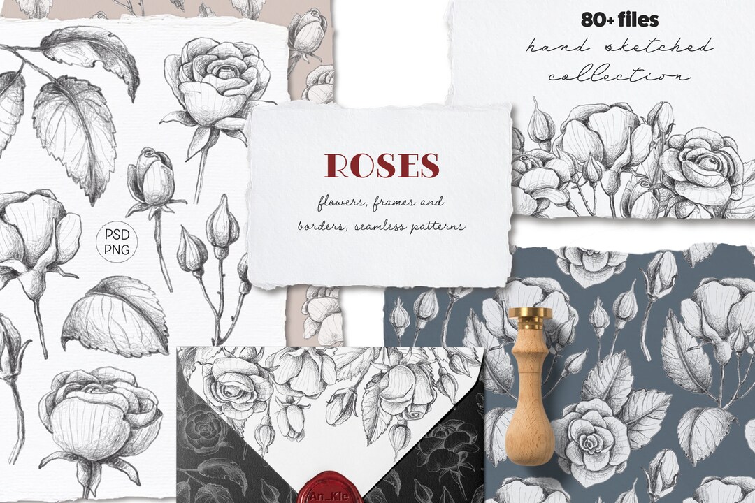 Vintage Sketched Roses Clipart, Backgrounds, Frames and Borders ...