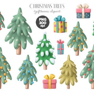 Christmas Trees and Gift Boxes Clipart Set, Xmas Postcard, Sublimation ...