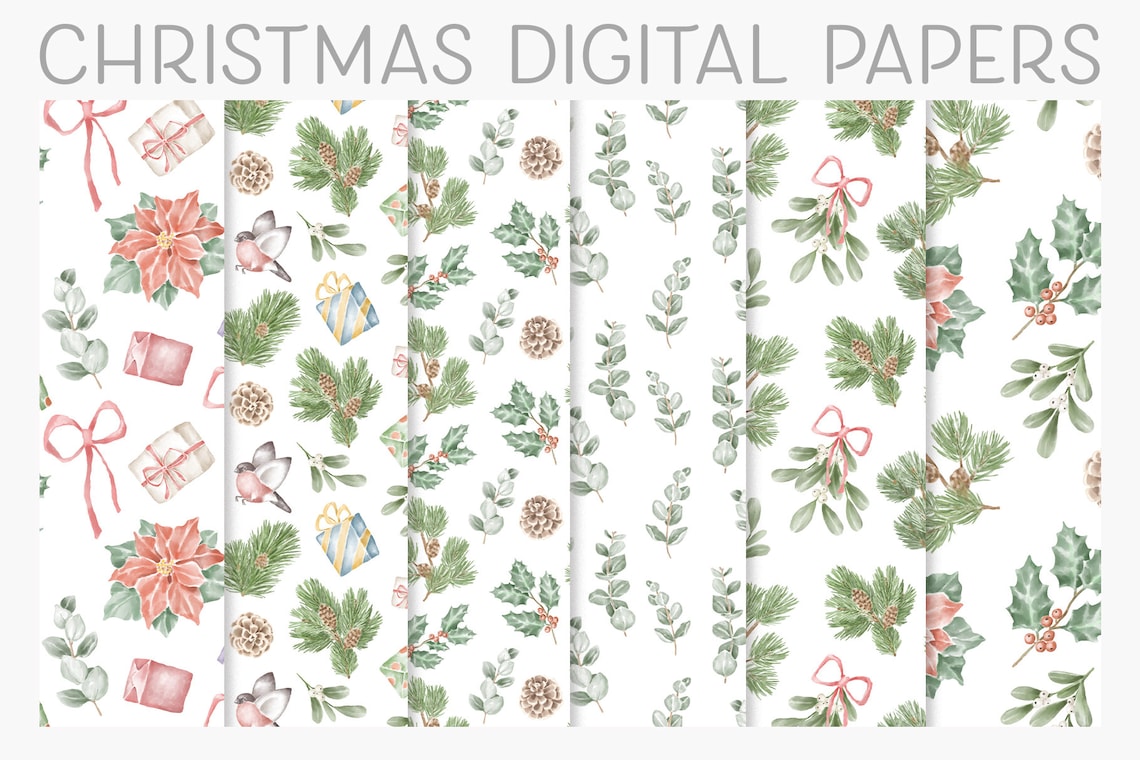 Christmas Digital Papers Pack Watercolor Xmas Background | Etsy