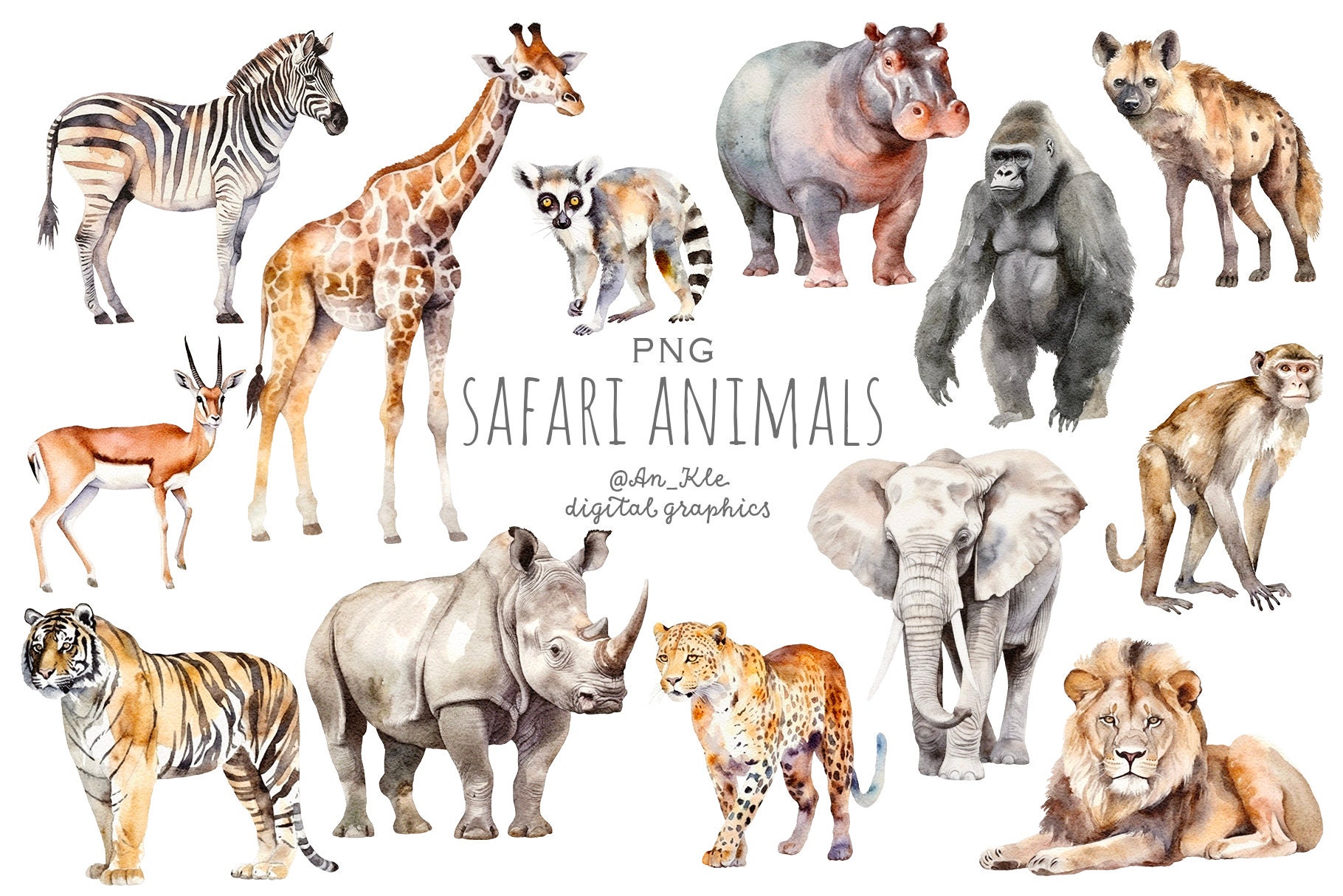 Safari Animals Clipart Png Digital Download Watercolour - Etsy