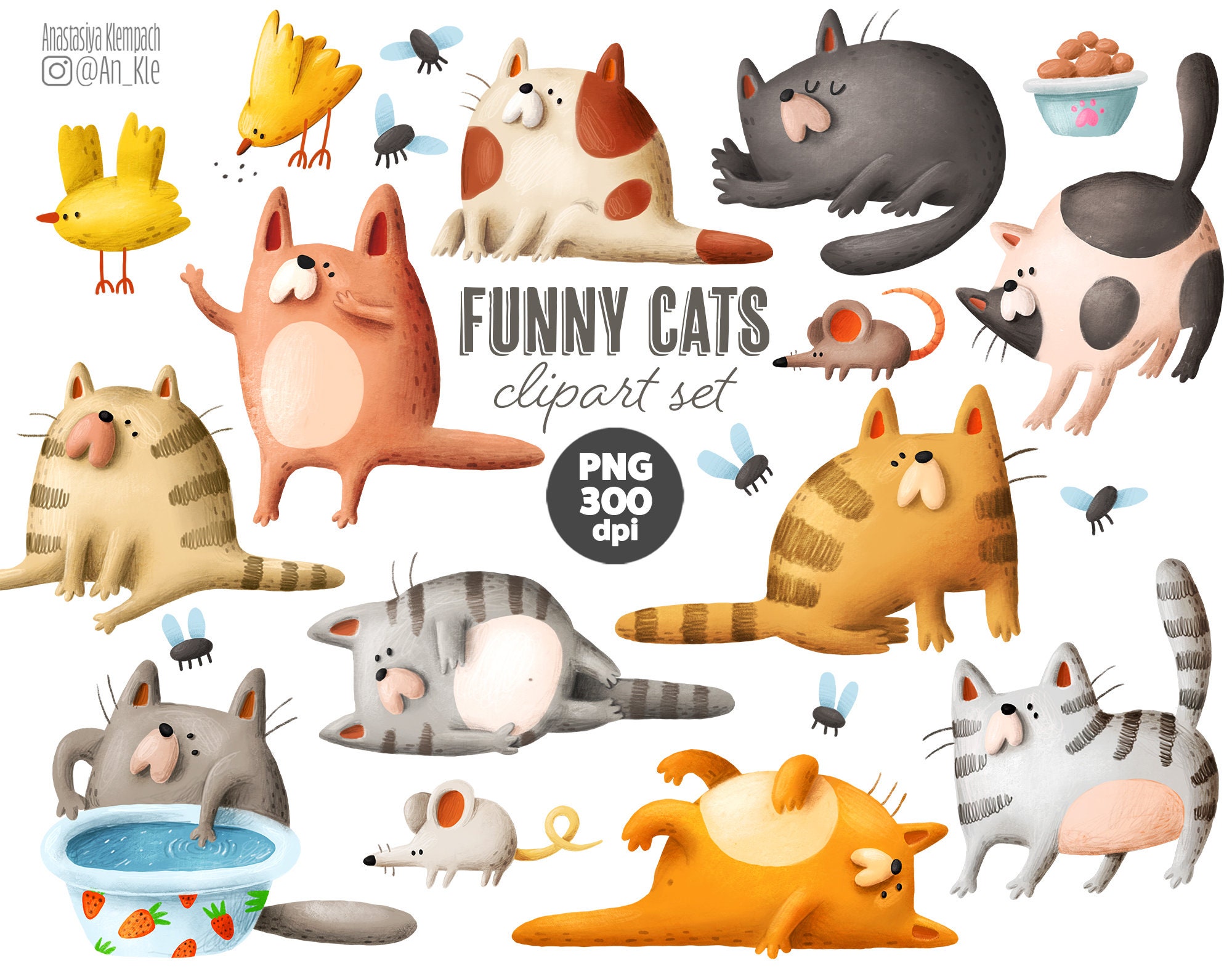 Funny cats clipart set hand drawn graphics instant digital | Etsy