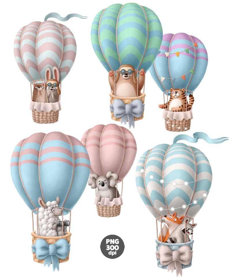 Hot Air Balloons With Animals Clipart PNG Digital Download - Etsy
