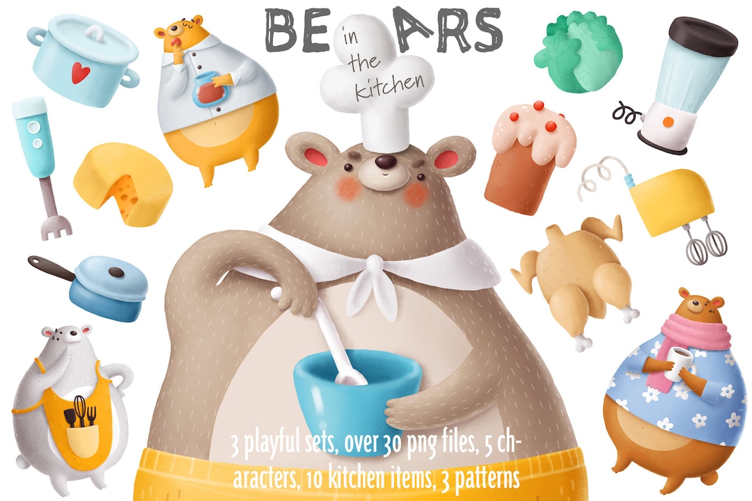 Cooking Bear Clipart – Cute Chef Bears, Kitchen Illustration Set ...