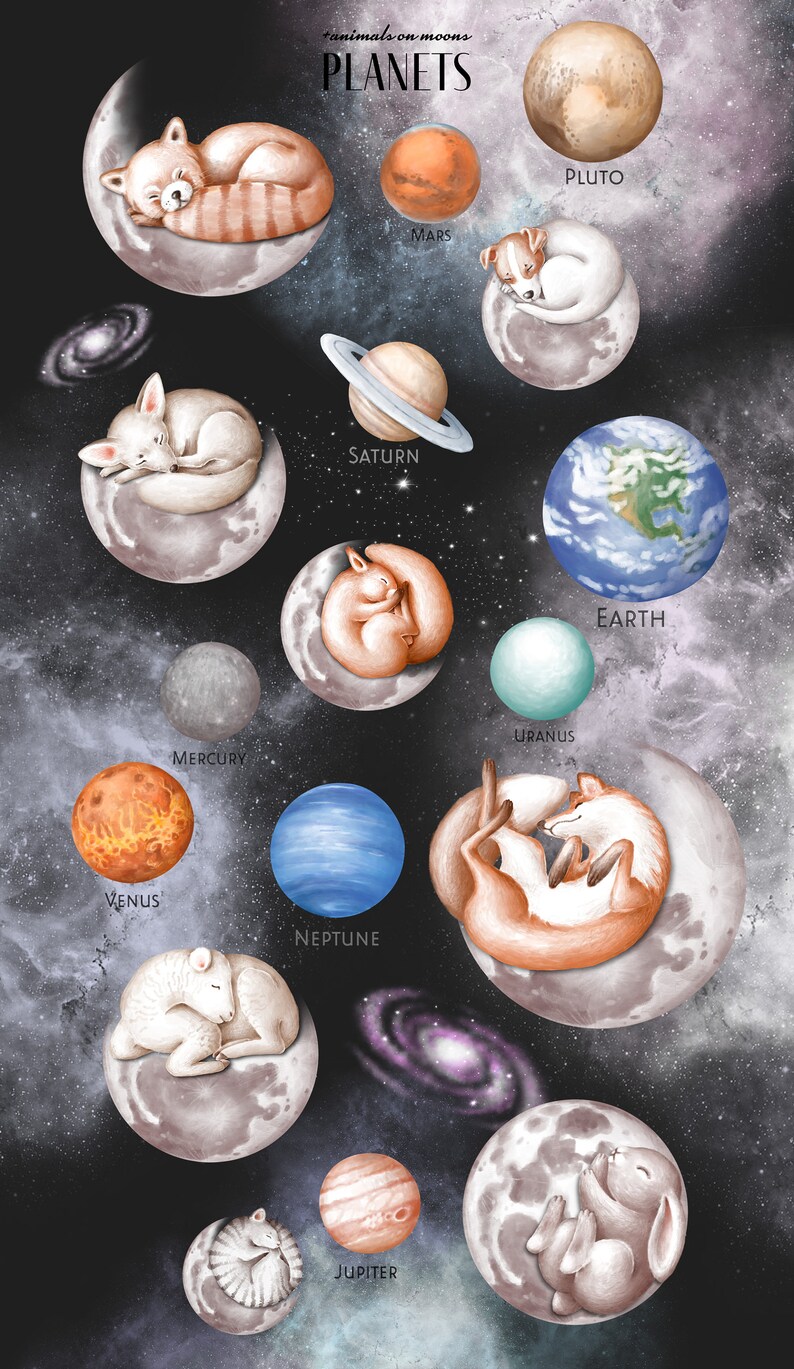 Mystical Animals Moon Phase Clipart Space Watercolor - Etsy