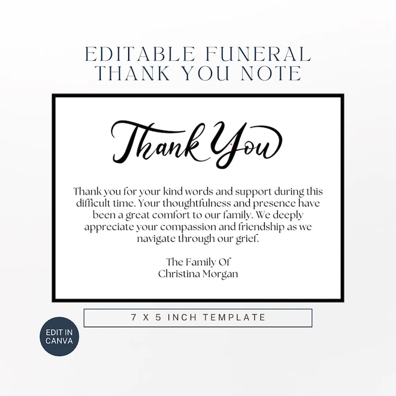 Funeral Thank You Card Template: Simple Bereavement Acknowledgment (7x5 ...