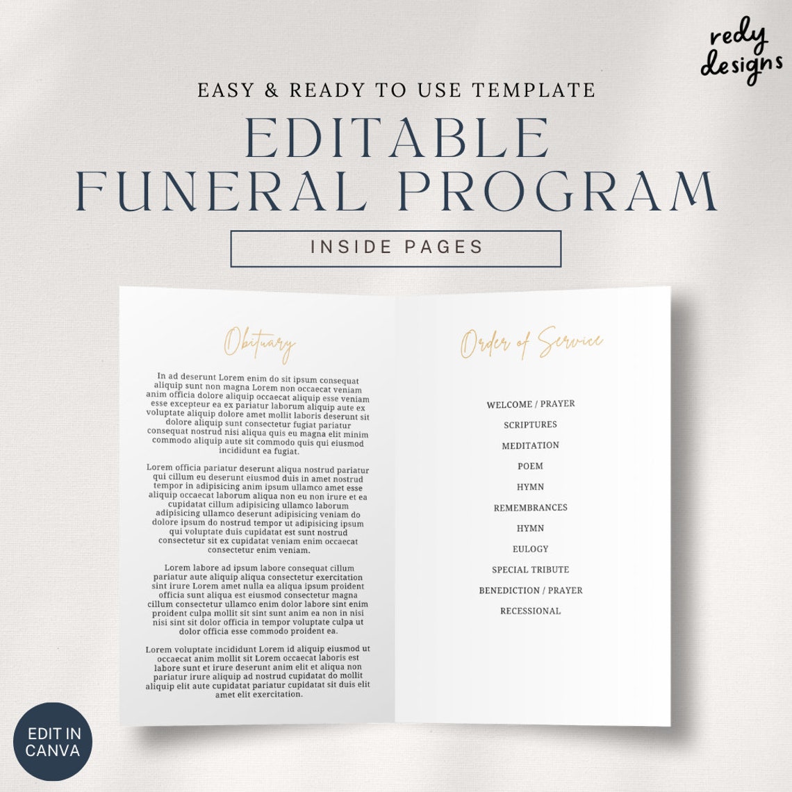 Golden Memories Funeral Program Template Instant Canva Template ...