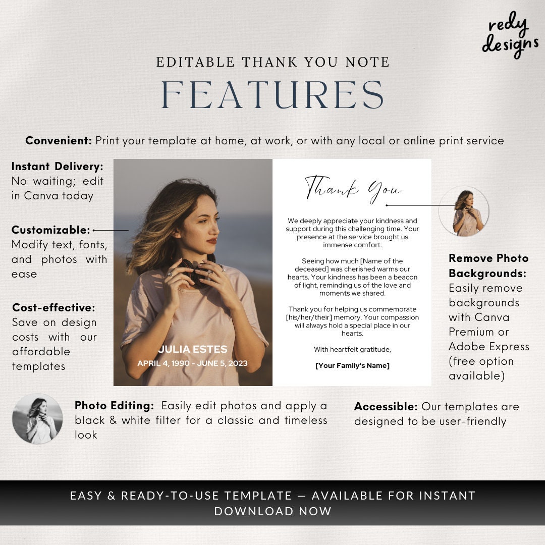 Personalized Funeral Thank You Card: 5x7 Bereavement Note (edit in ...
