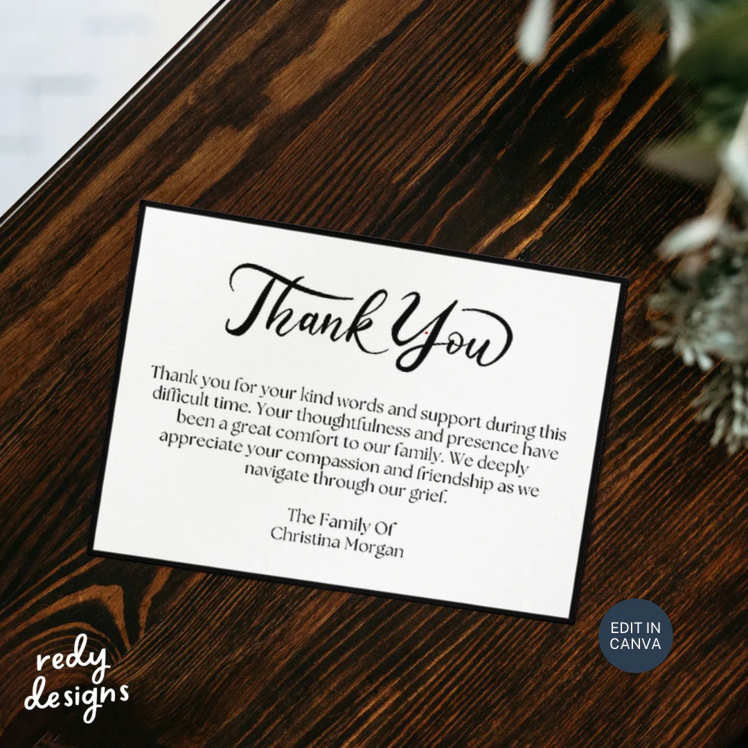Funeral Thank You Card Template: Simple Bereavement Acknowledgment (7x5 ...