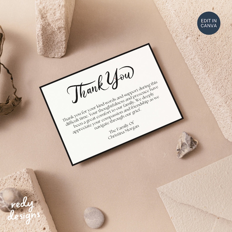 Funeral Thank You Card Template: Simple Bereavement Acknowledgment (7x5 ...
