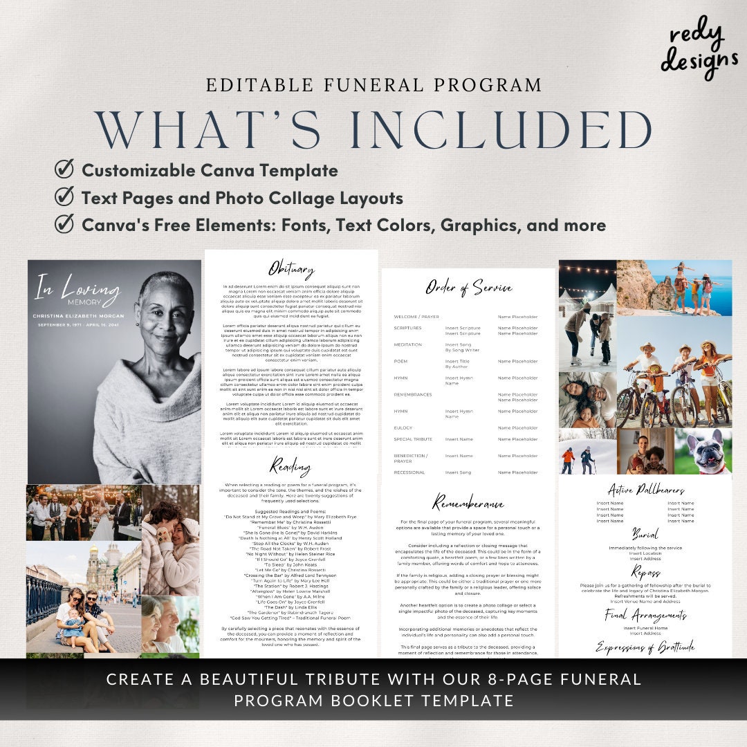 Elegant Funeral Program | 8-page Bi-fold Booklet | Editable in Canva ...