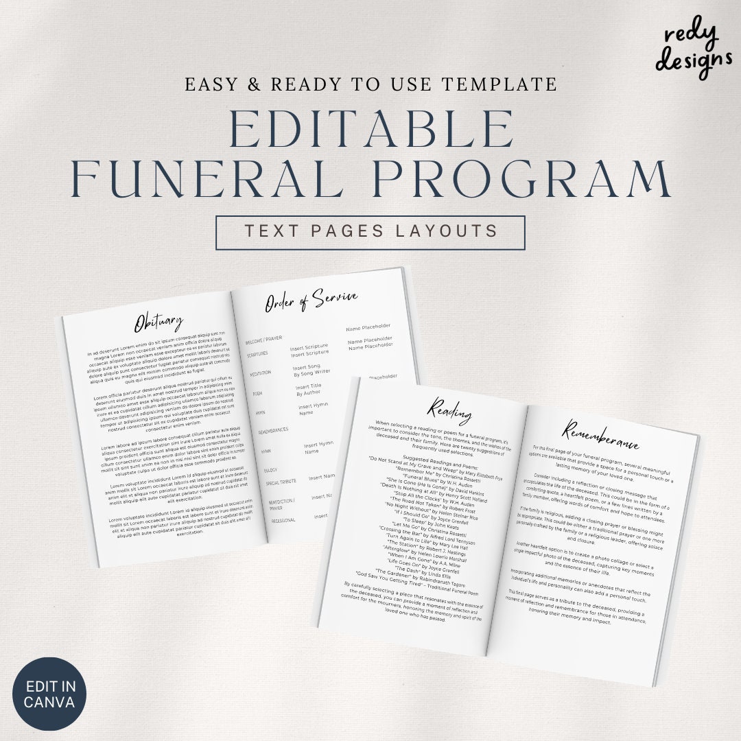 Elegant Funeral Program | 8-page Bi-fold Booklet | Editable in Canva ...