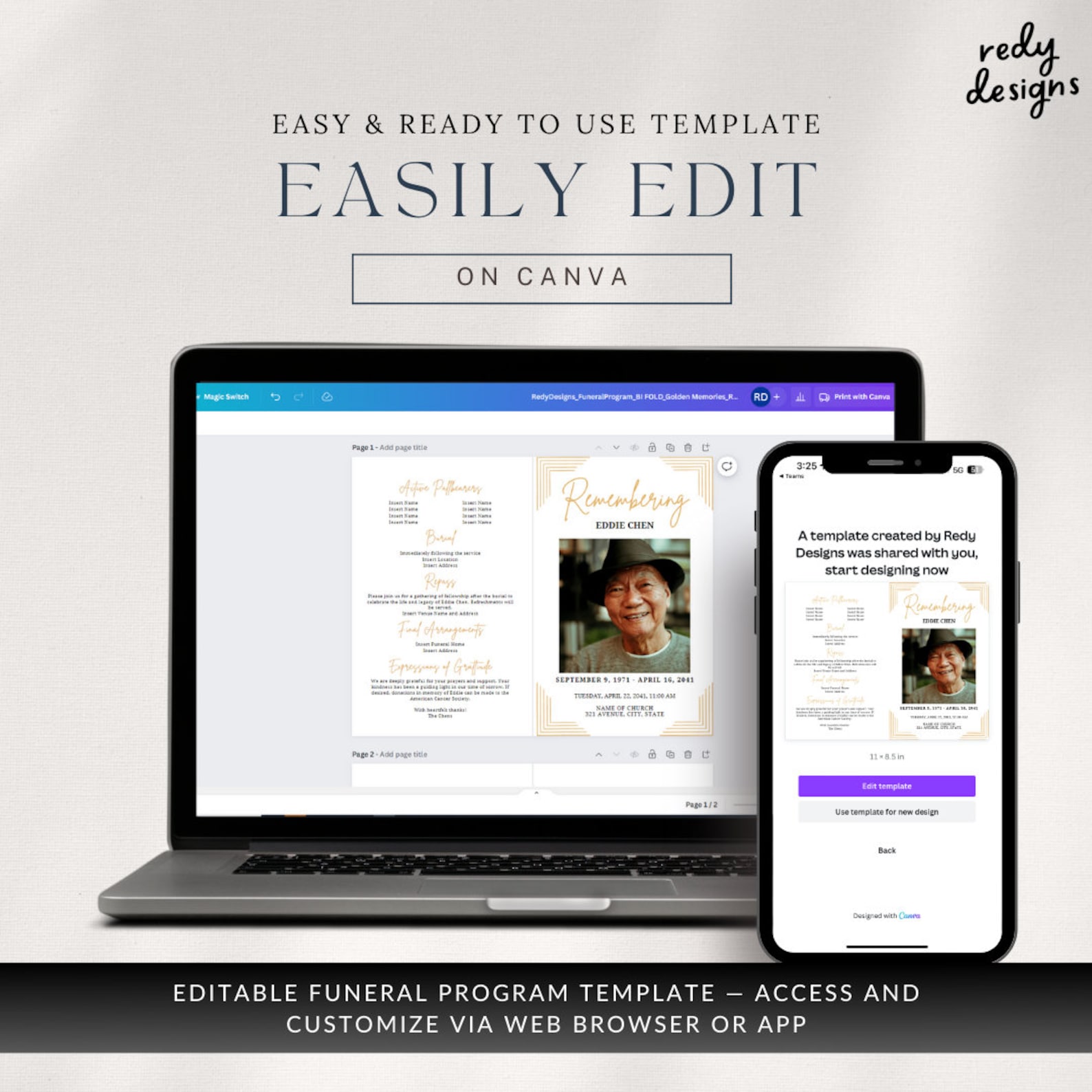 Golden Memories Funeral Program Template Instant Canva Template ...