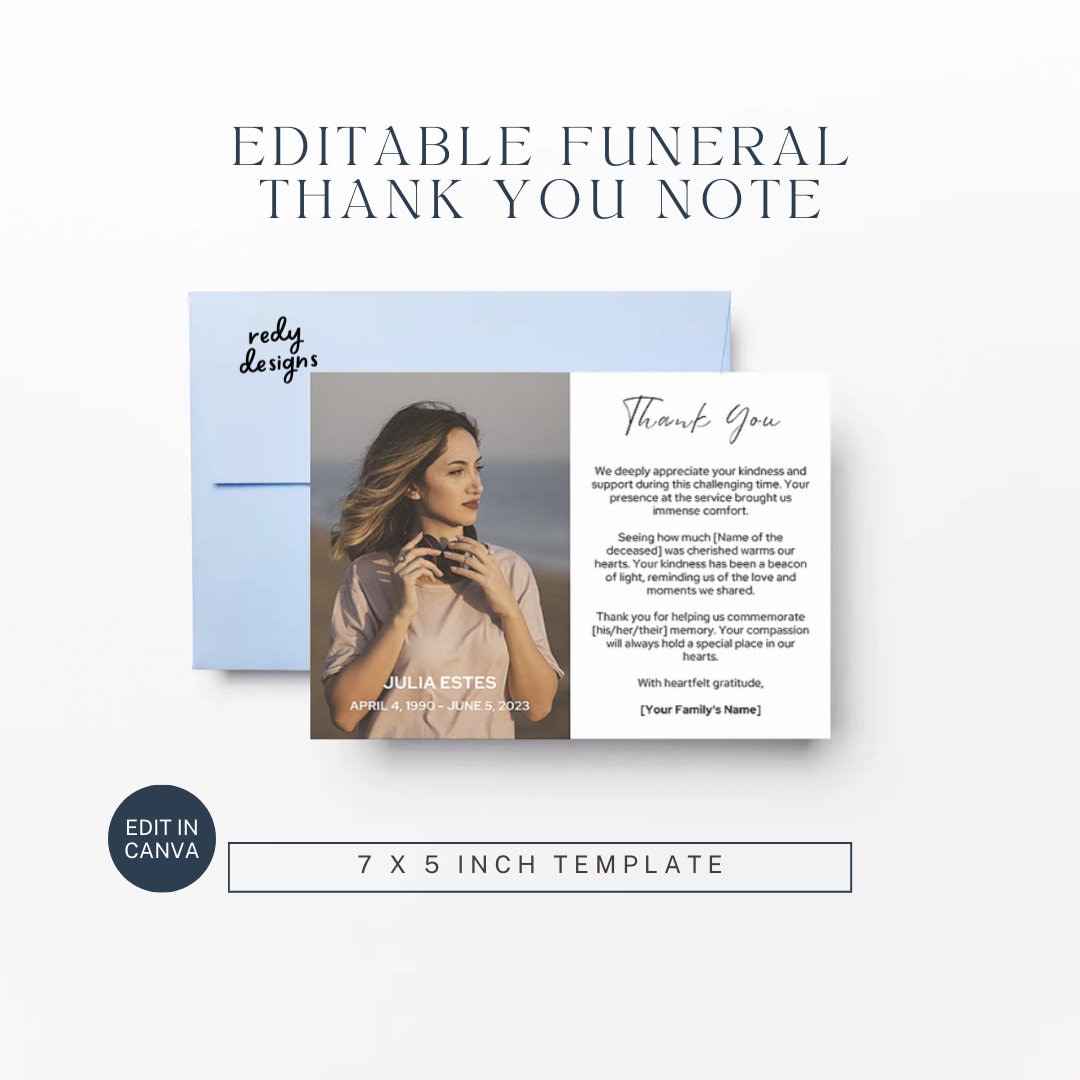 Personalized Funeral Thank You Card: 5x7 Bereavement Note (edit in ...