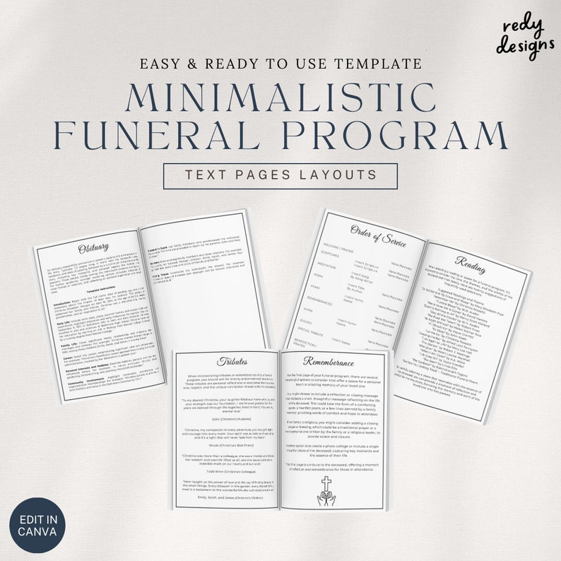 Minimalistic Funeral Program | 12-page Booklet | Editable in Canva ...