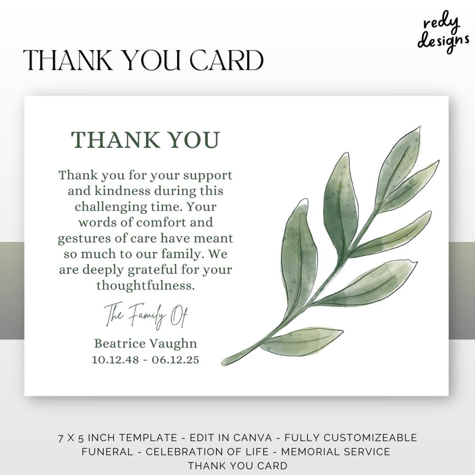 Greenery Funeral Thank You Card Template: Sympathy Acknowledgment ...