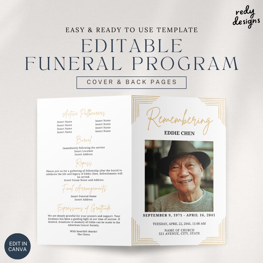 Golden Memories Funeral Program Template Instant Canva Template ...