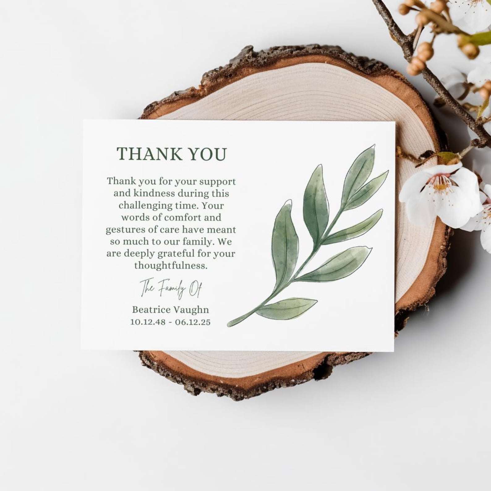 Greenery Funeral Thank You Card Template: Sympathy Acknowledgment ...